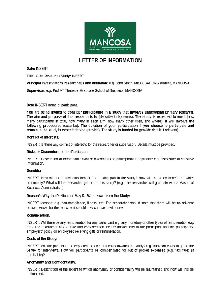 Template - Ethics Letter of Information and Consent | PDF | Conflict Of ...