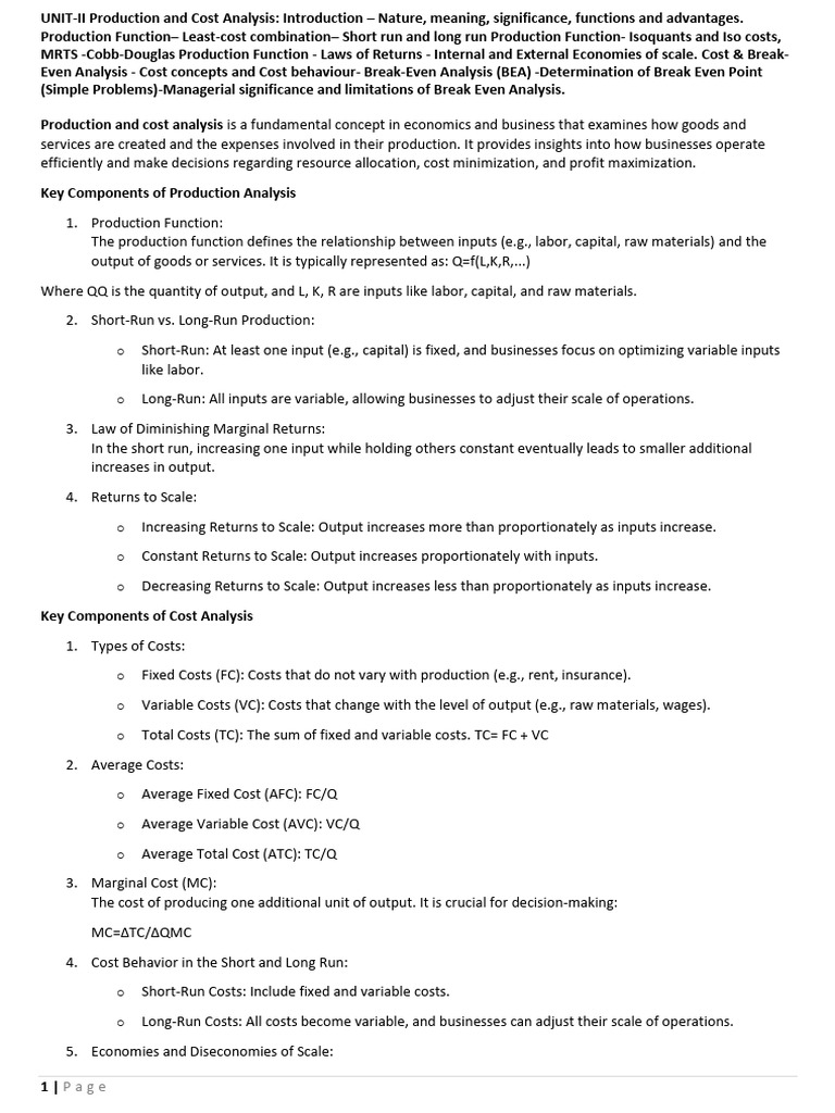 UNIT-II Production and Cost Analysis | PDF | Production Function | Long ...