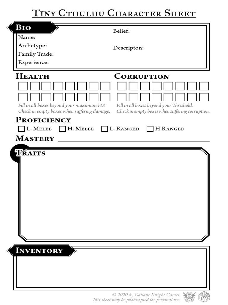 Tiny Cthulhu Character Sheet Template | PDF