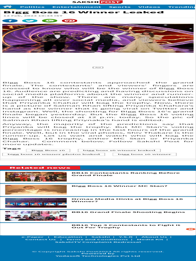 BB16 Winner Name Leaked Before Grand Finale Telecast | PDF