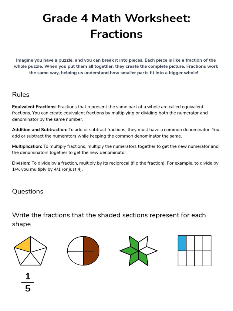 Grade 4 Math Worksheet Fractions | PDF | Mathematics | Mathematical Objects