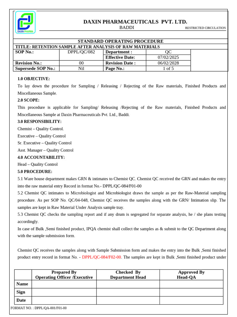 Sop For Retention Sample | PDF