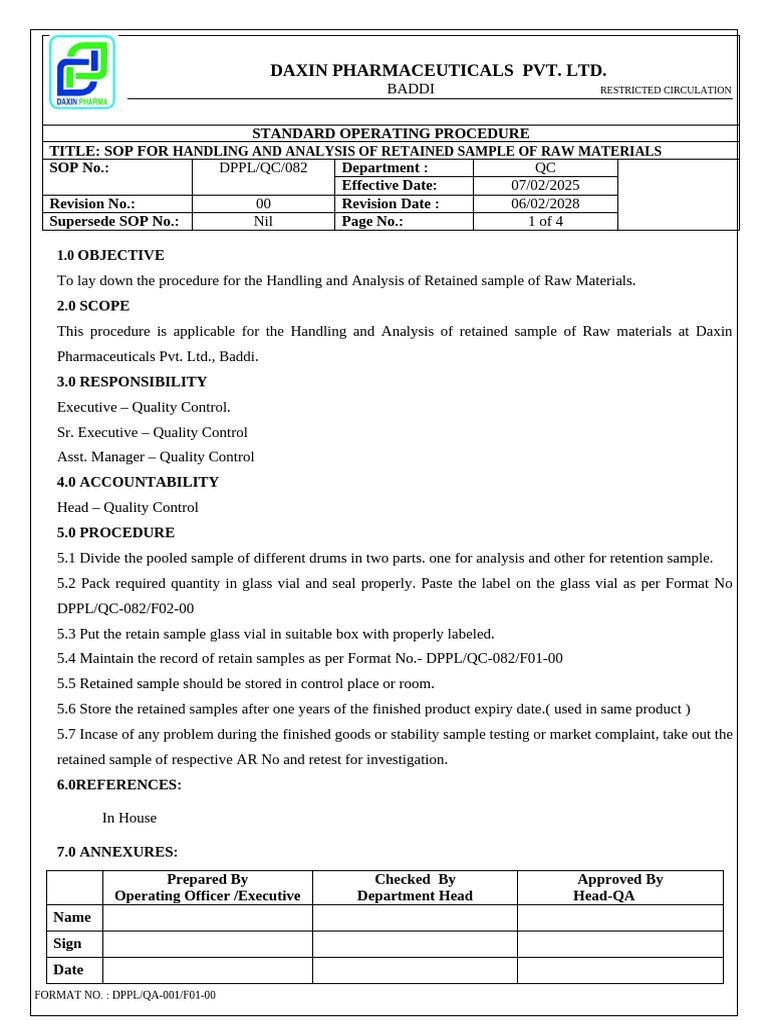 Sop For Retention Sample Testing | PDF | Business Process | Quality