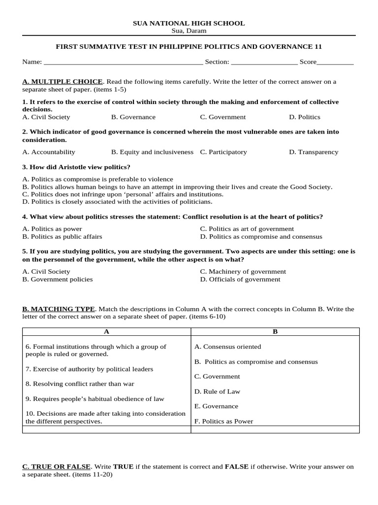 Pol. Gov. 1ST 2ND Summative Test - 104241 | PDF | Power (Social And ...