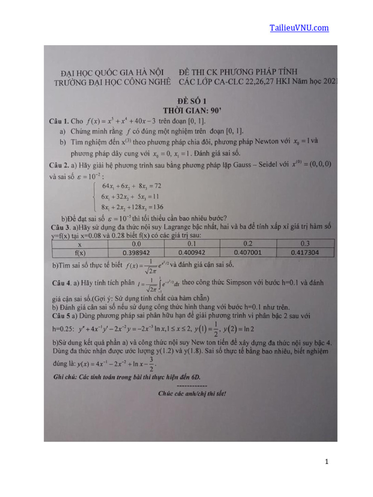 Đề Thi Phương Pháp Tính Đề Số 1 Kỳ 1 Năm Học 2020-2021 - UET | PDF