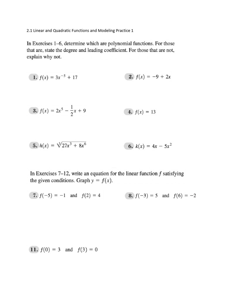 2.1 Linear and Quadratic Functions and Modeling Practice 1 | PDF