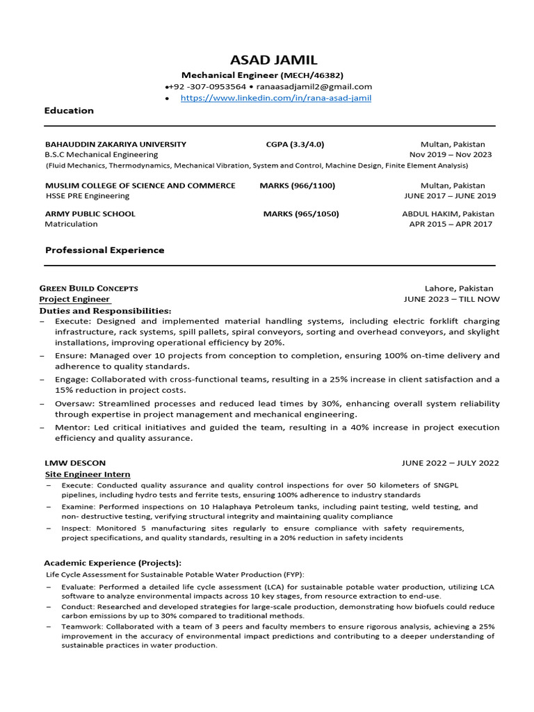 Asad Jamil Resume Project Engineer | PDF | Life Cycle Assessment | Safety