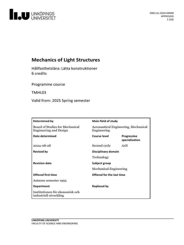Light Structures Mechanics Course | PDF | Engineering | Mechanical ...
