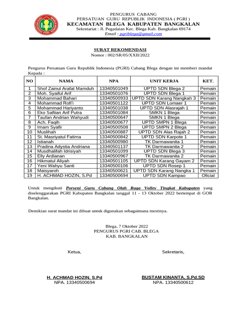 Surat Rekom Porseni Pgri 2022 Blega | PDF