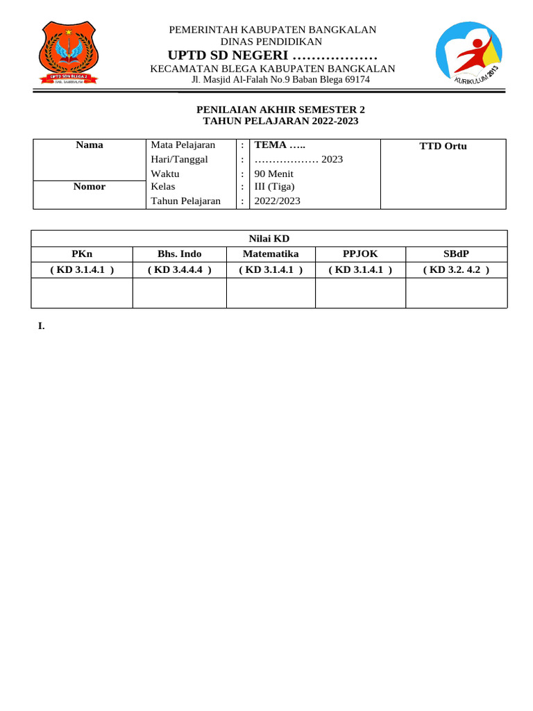 Contoh Kop Soal Pas SMT 2 2023 | PDF