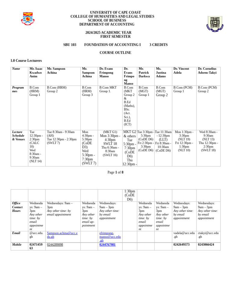 2024 2025 Sbu 103 Foundation of Accounting i Course Outline 9 Weeks 29. ...