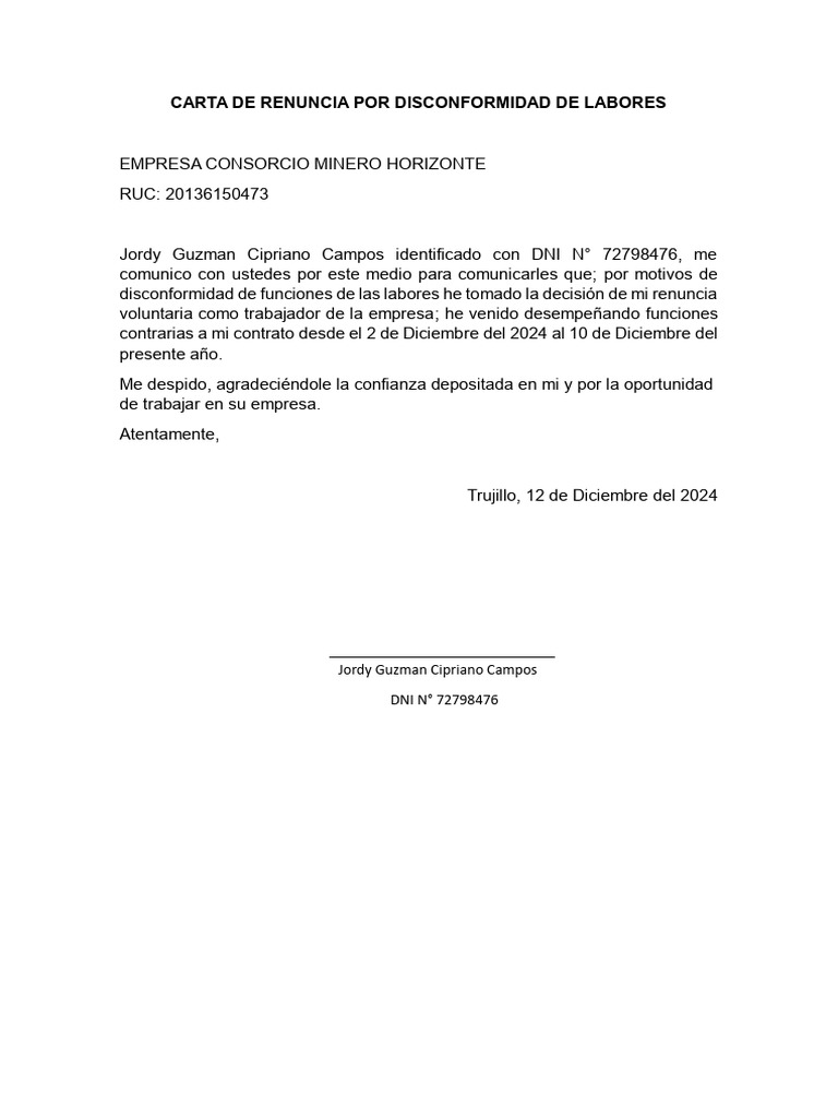 Carta de Renuncia Por Disconformidad de Labores | PDF