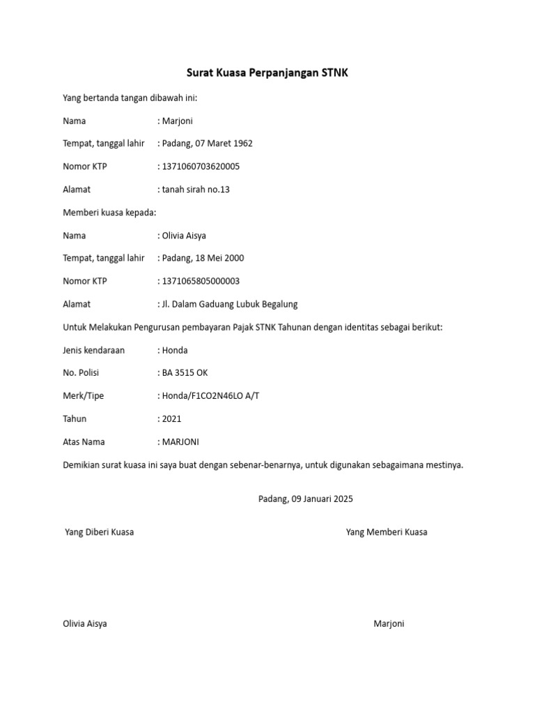 Contoh Surat Kuasa Perpanjangan STNK 5 | PDF
