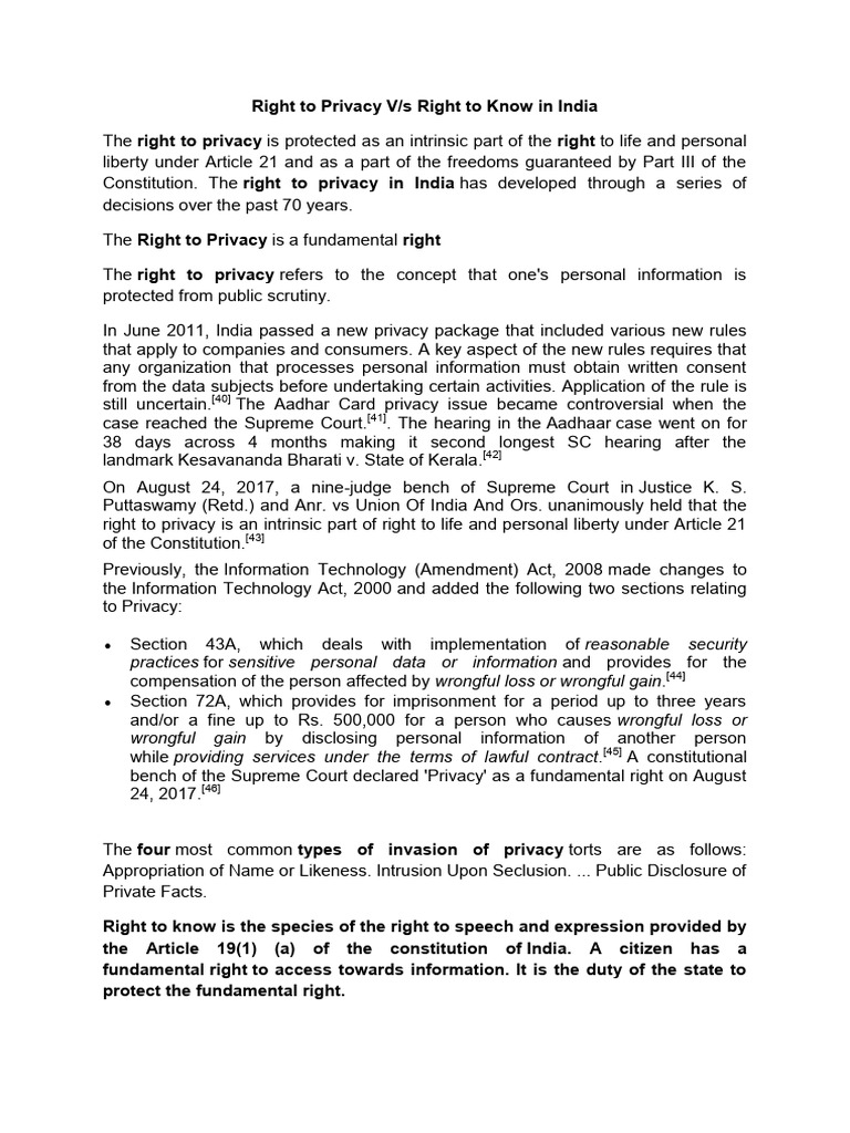 Right To Privacy Vs Right To Know in India | PDF | Privacy | Right To ...