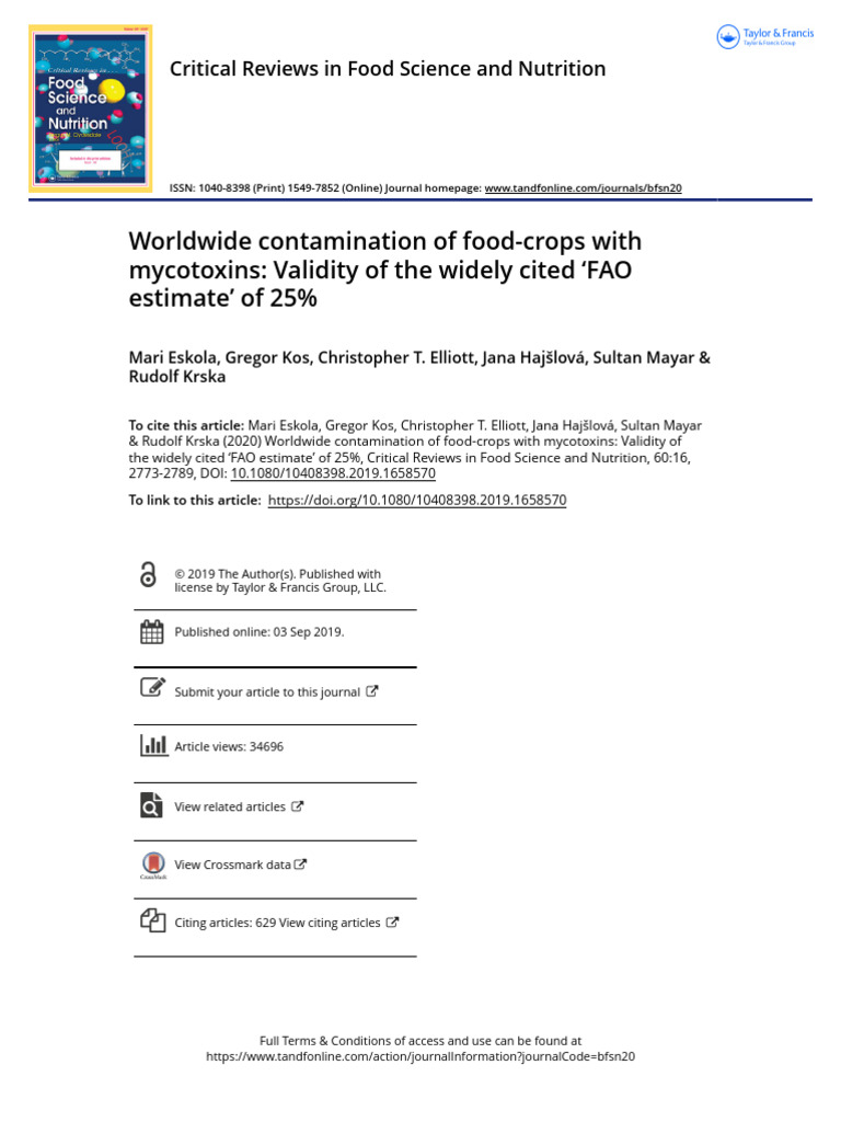 Worldwide contamination of food-crops with mycotoxins Validity of the ...
