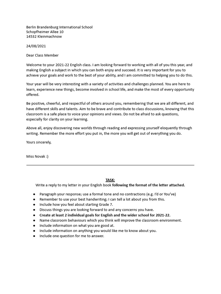 Grade 7 - Welcome Letter Response Task | PDF