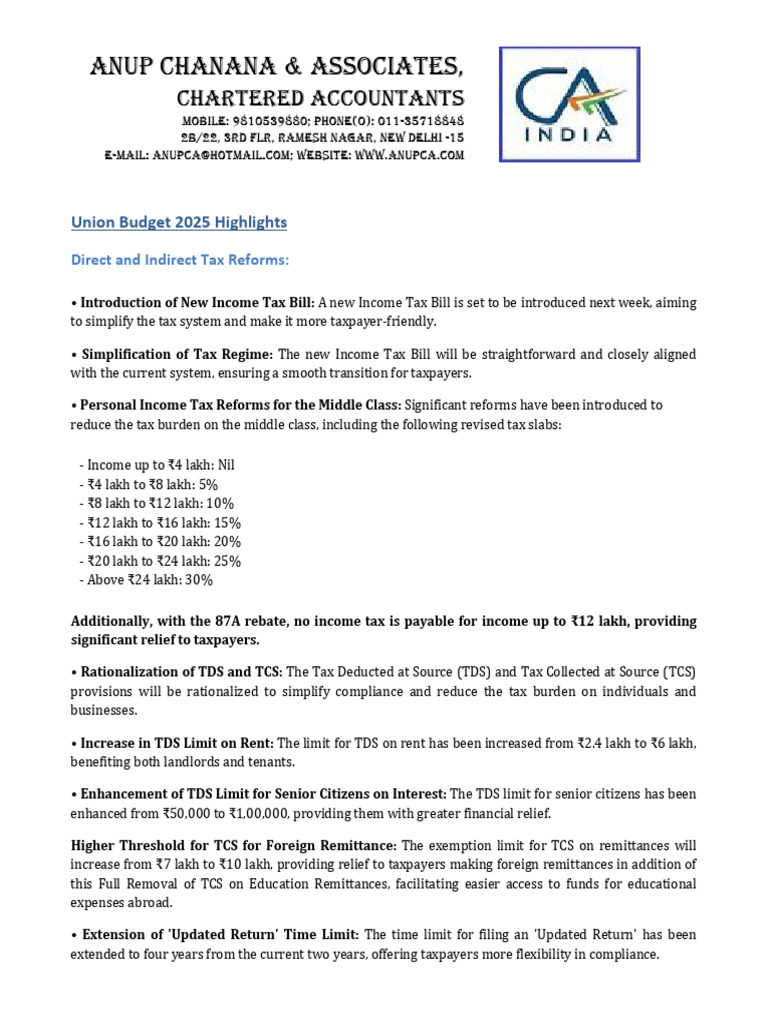 Union - Budget - 2025 by Anup CA | PDF | Taxes | Tourism