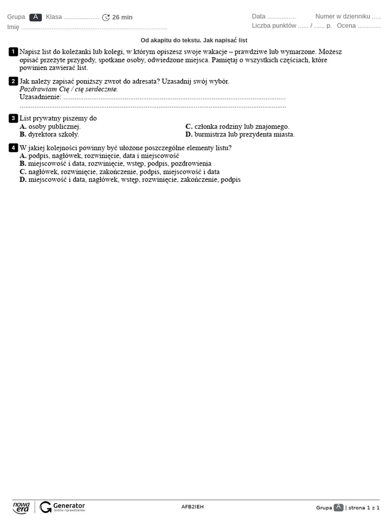 Od Akapitu Do Tekstu. Jak Napisać List Test (Bez Widocznej Punktacji) | PDF