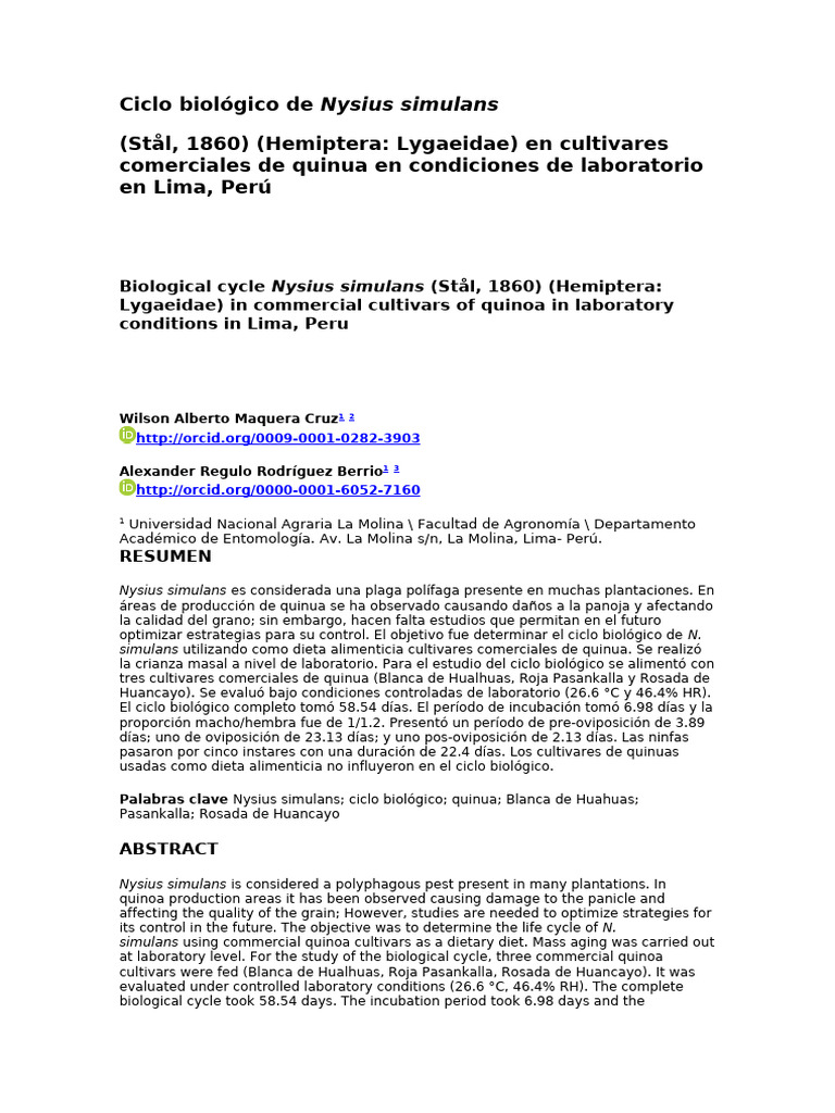 Ciclo biológico de Nysius simulans en quinua | PDF | Quinua | Agronomía