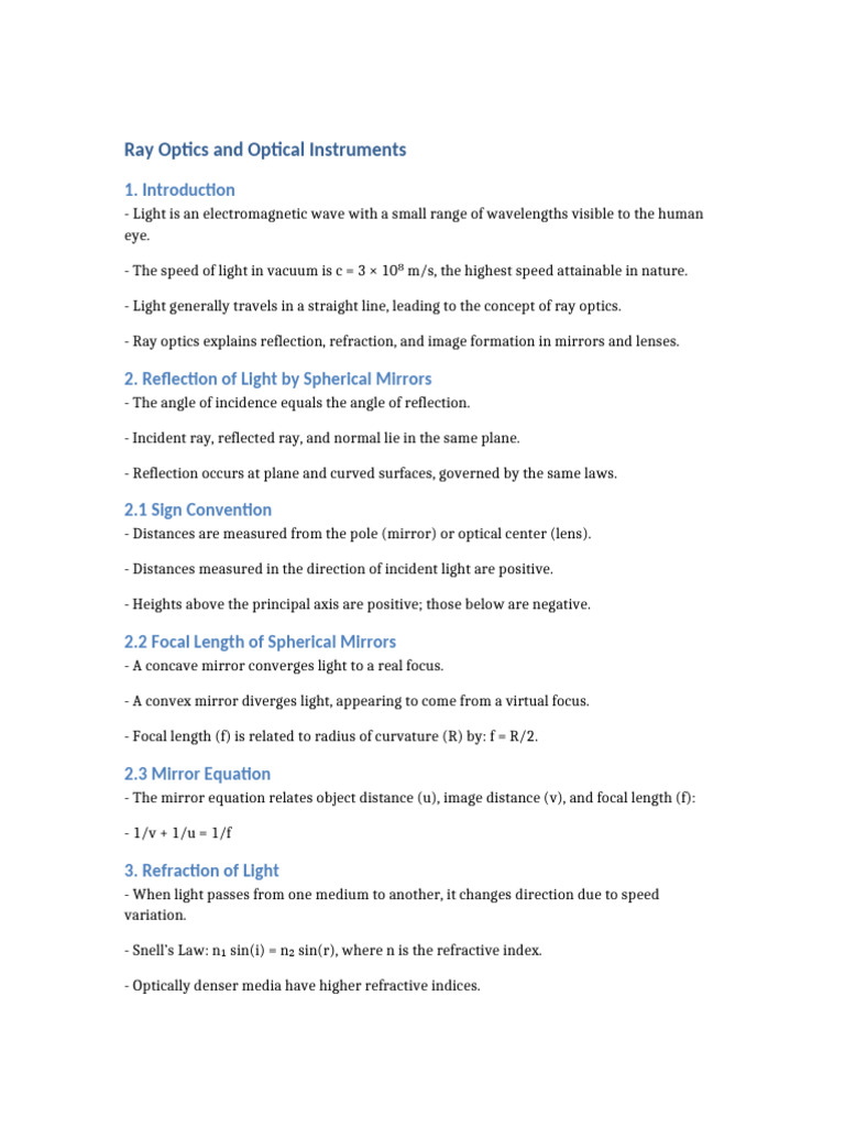 Ray Optics Formatted Notes | PDF | Optics | Refractive Index