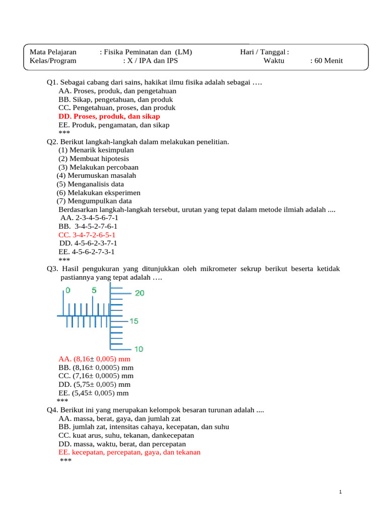 Soal PAS Fisika Kelas X IPA, IPS 2022 | PDF
