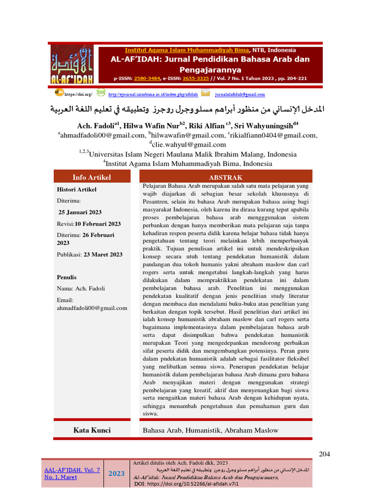 AL-: Jurnal Pendidikan Bahasa Arab Dan Pengajarannya: Af'Idah | PDF