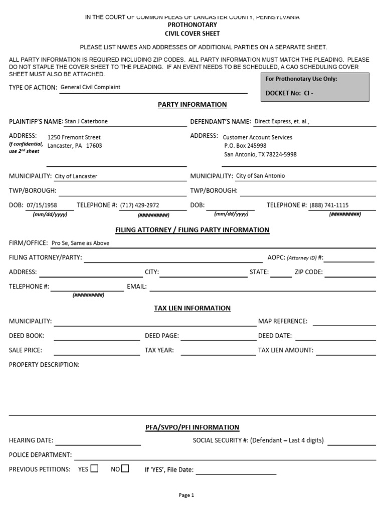 Party Information: Prothonotary Civil Cover Sheet | PDF | Lawsuit | Tort