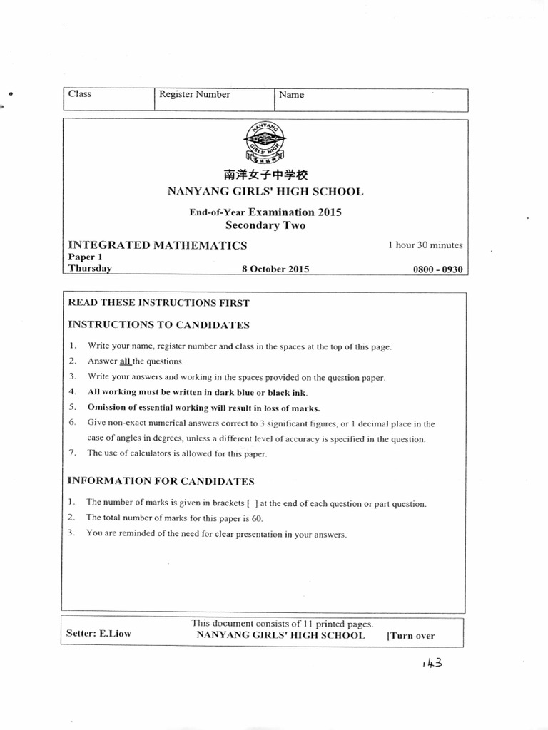 2015 Sec 2 Express Maths SA2 Nanyang Girls' High | PDF