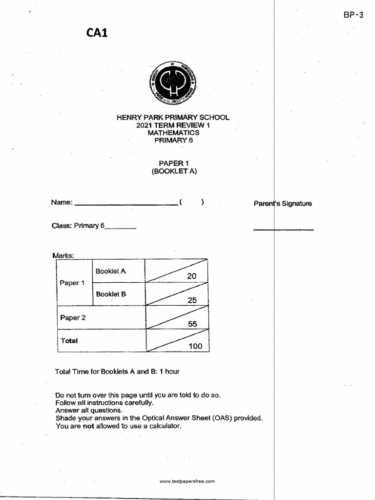 P6 Maths 2021 CA1 Henry Park | PDF