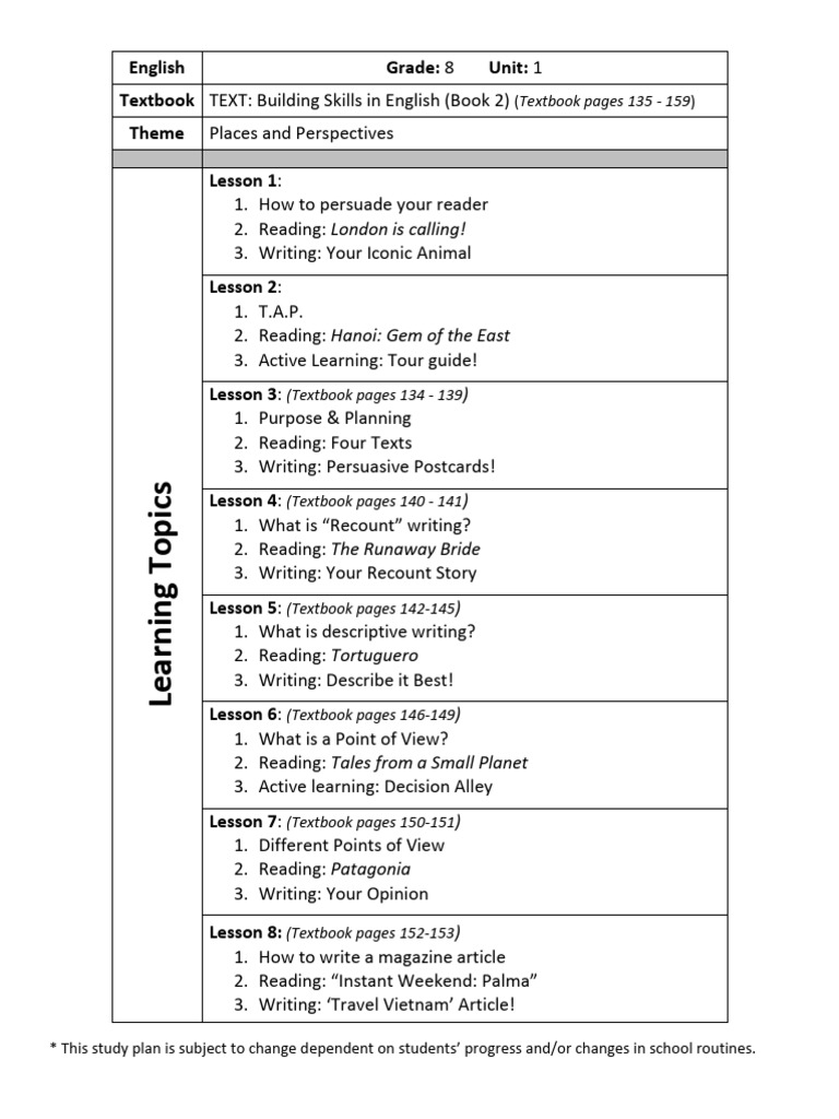 Grade 8 - Unit 1 - Study Plan | PDF
