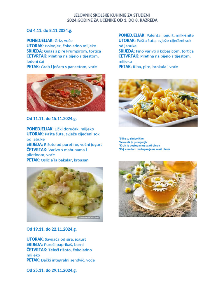 Jelovnik Od 1. Do 8. Razreda Za Studeni | PDF