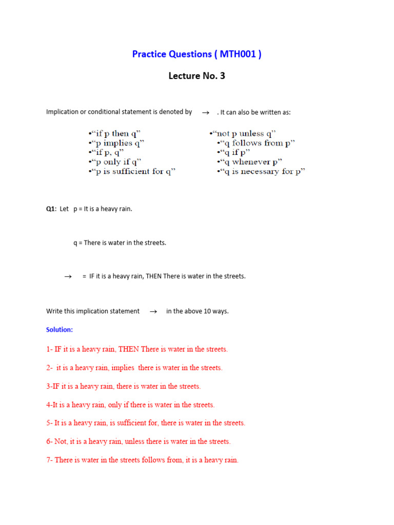 Solution Practice Questions MTH001 3 To 5 | PDF | Metalogic | Logic