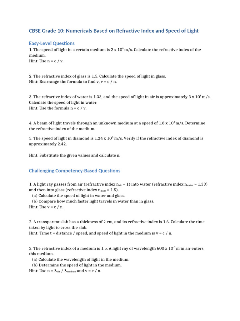 CBSE Grade 10 Refractive Index Questions | PDF