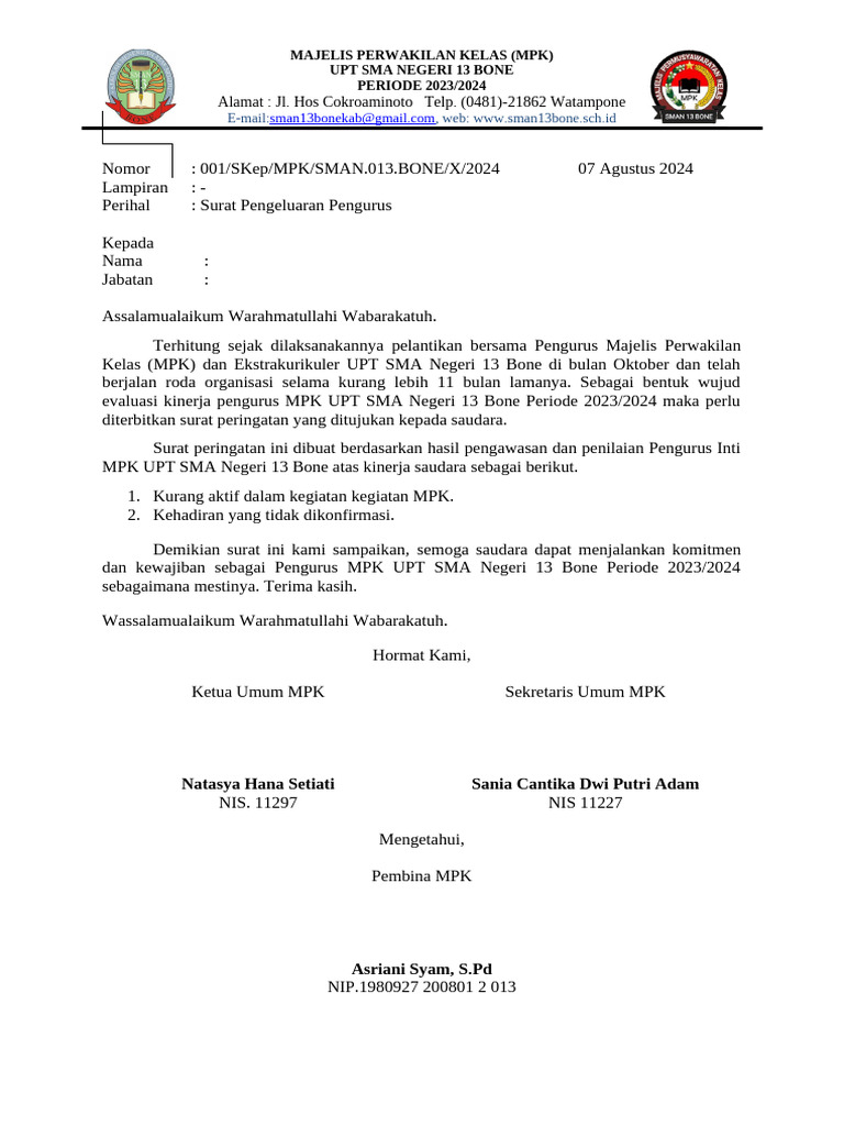 Surat Peringatan MPK 2023-2024 | PDF