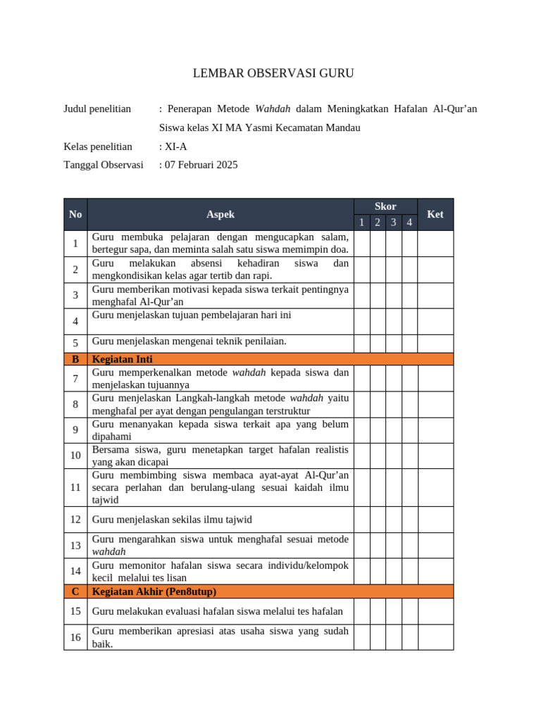 Lembar Observasi Guru & Siswa Ainun | PDF