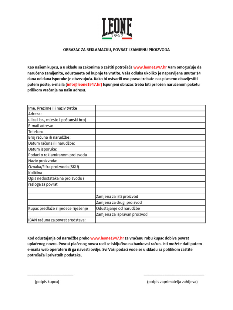 Obrazac Za REKLAMACIJU POVRAT Ili ZAMJENU Leone 1947 | PDF