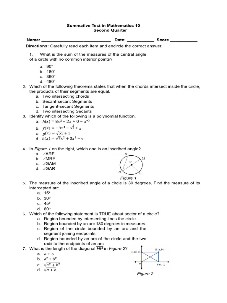 Mathematics 10 Summative Test Q2 | PDF | Circle | Angle