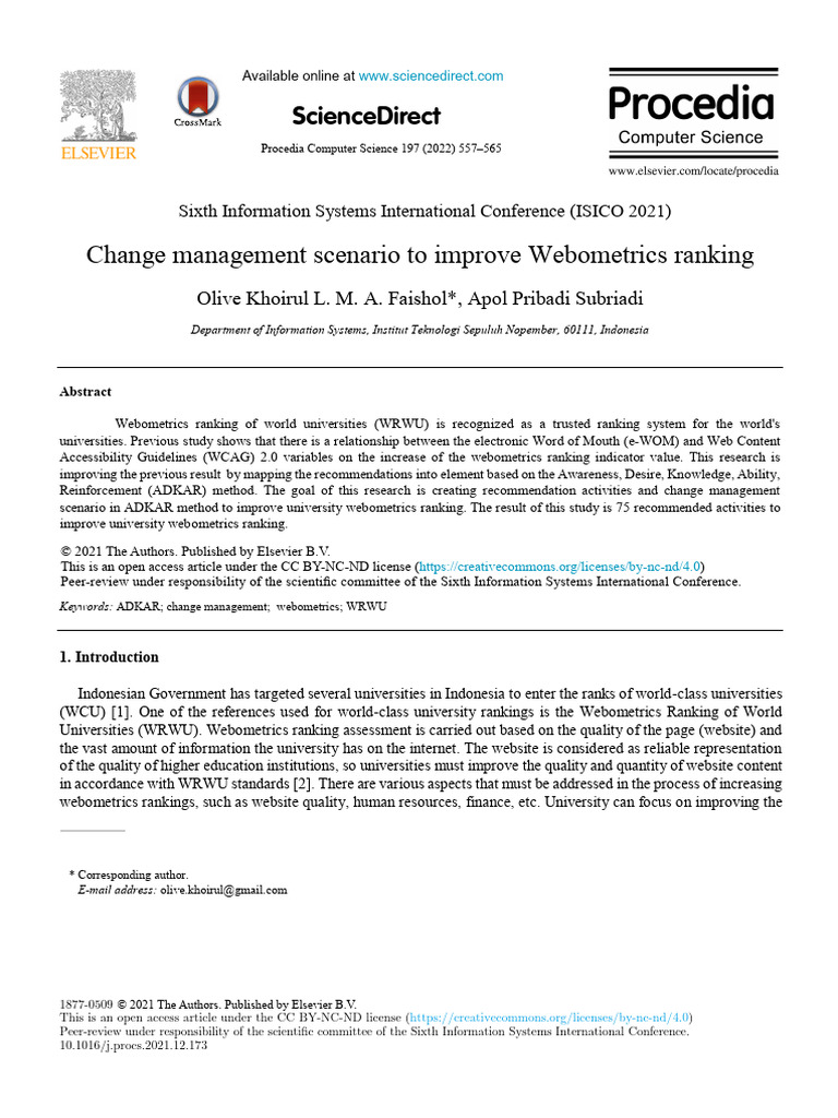 Change Management Scenario To Improve Webometrics - 2022 - Procedia Computer Sci | PDF | Change ...
