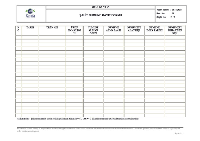 MFD TA 11 01 Şahit Numune Kayıt Formu(1) | PDF