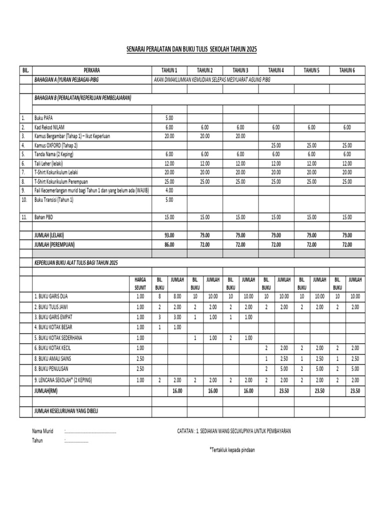 senarai peralatan buku tulis 2025-2026 | PDF