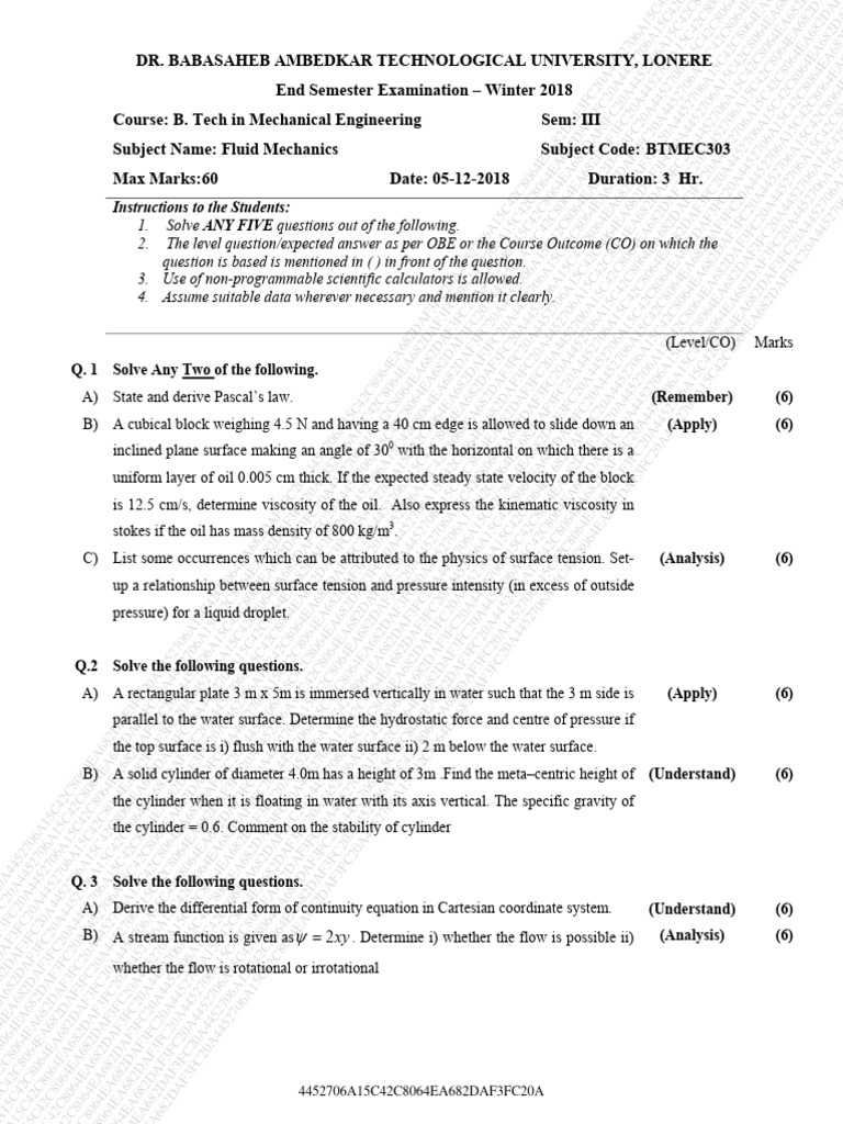 Fluid Mechanics ALL PYQ (Pran Tehare) | PDF | Fluid Dynamics | Continuum Mechanics