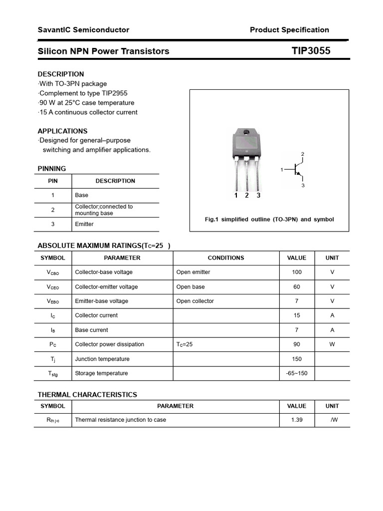 TIP3055 | PDF | Bipolar Junction Transistor | Transistor