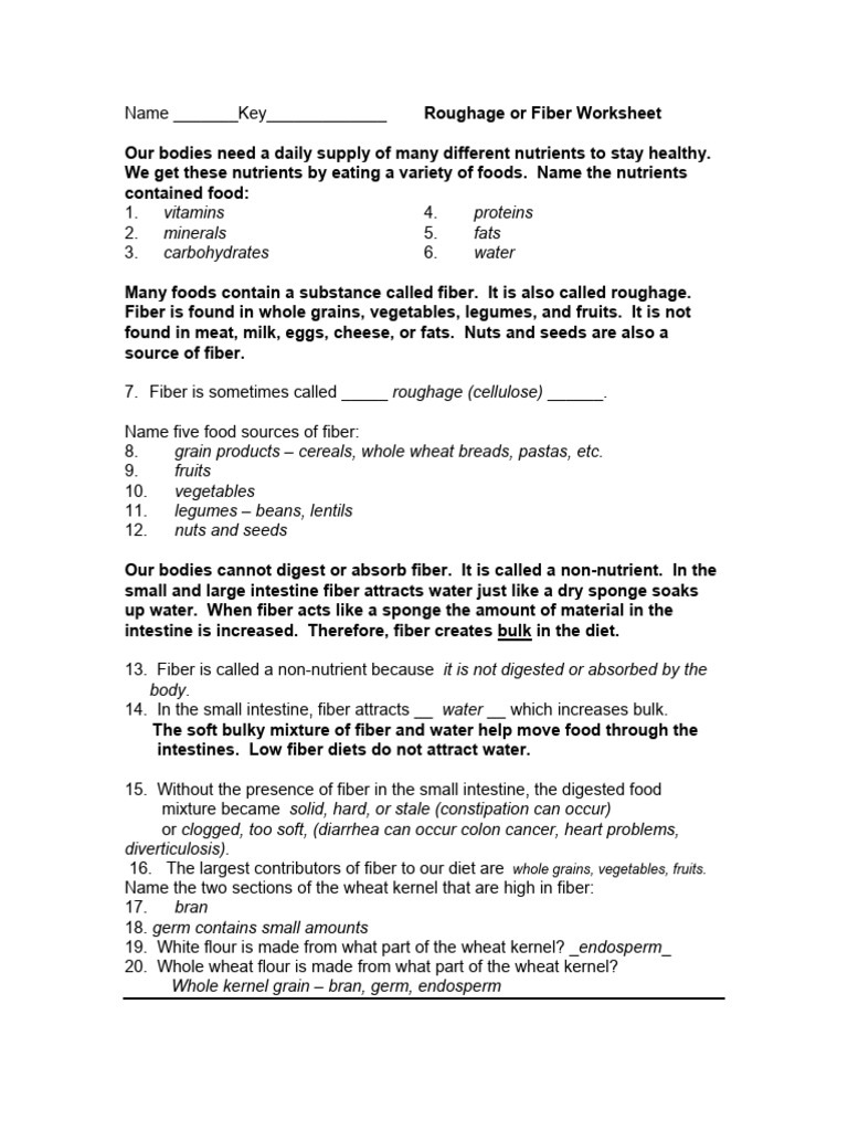 Roughage or Fiber Worksheet Key | PDF