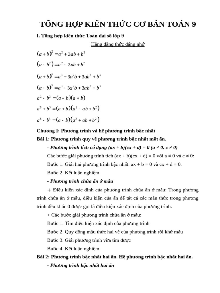 TỔNG HỢP KIẾN THỨC CƠ BẢN TOÁN 9 | PDF
