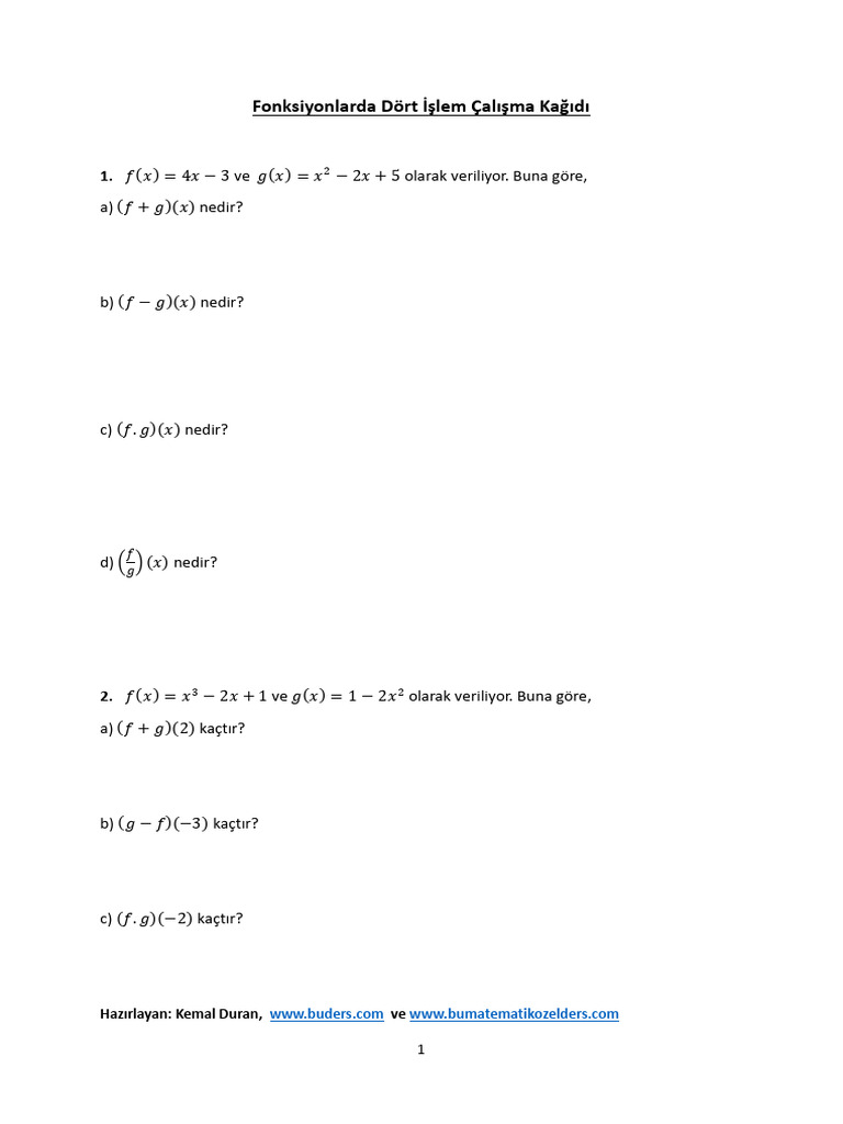 10.Sinif Fonksiyonlarda Dort Islem Calisma Kagidi | PDF