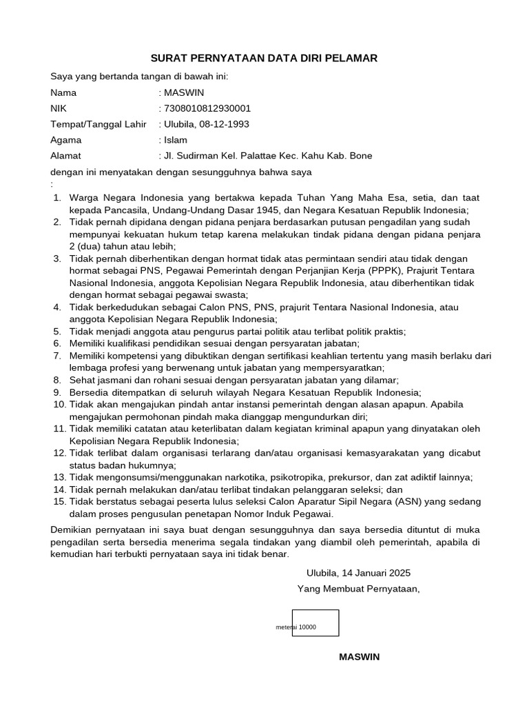 Format-Surat-Pernyataan-Data-Diri-Pelamar-PPPK-makassar-2024 | PDF