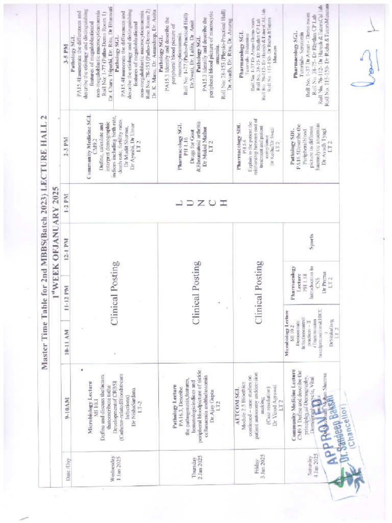 Time Table of 2nd MBBS Batch 2023 For January 2025 | PDF