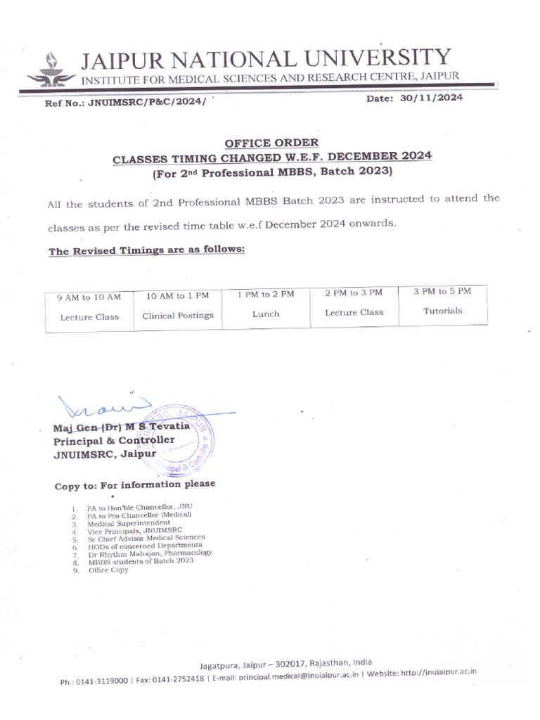 Revised classes timings for 2nd Professional MBBS Batch 2023 wef ...