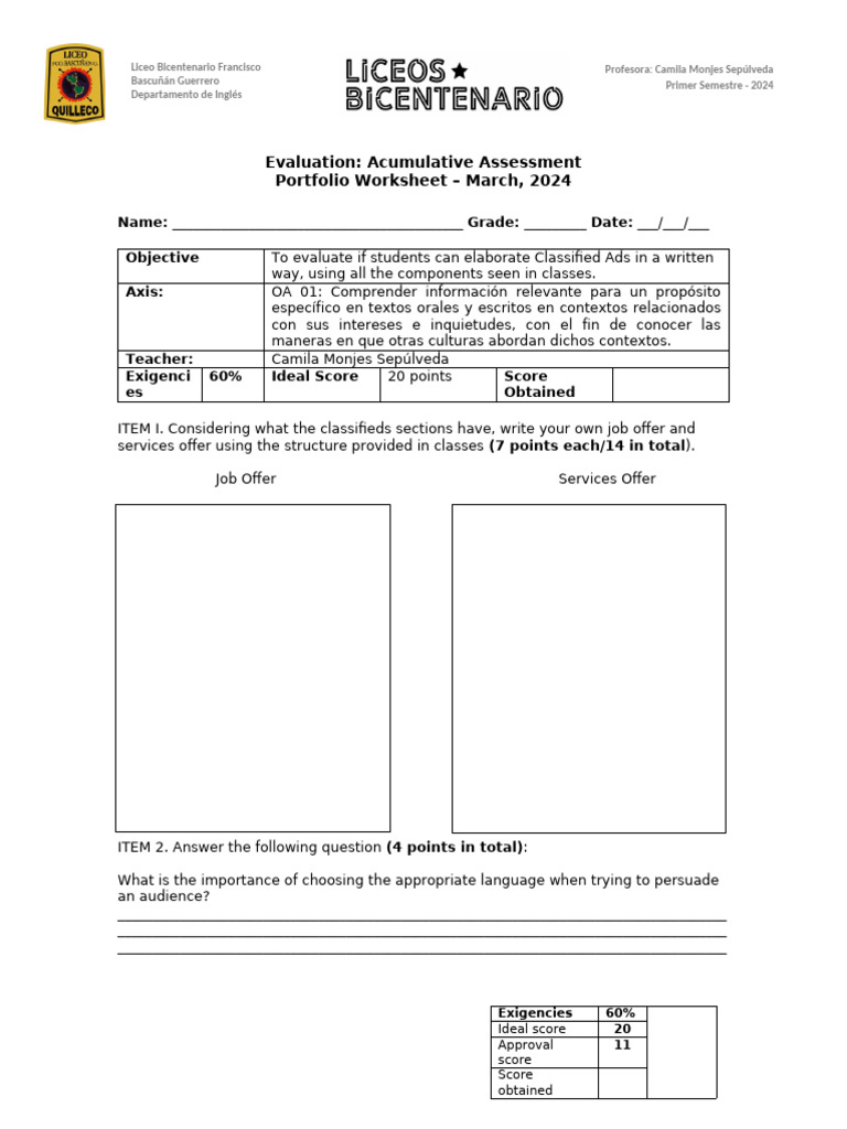 Portfolio Worksheet: Classified Ads Assessment | PDF