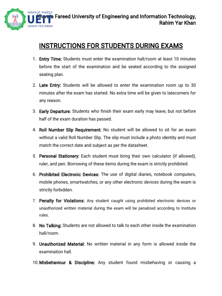 Instructions For Students During Exams | PDF